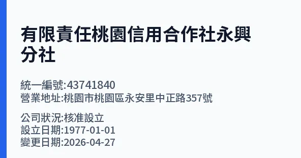 有限責任桃園信用合作社永興分社的照片-統編 43741840(桃園市) 公司登記資料與營業項目詳細圖表
