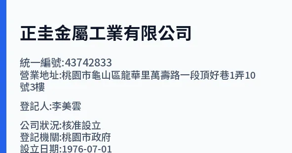 正圭金屬工業有限公司的照片-統編 43742833(桃園市) 公司登記資料與營業項目詳細圖表