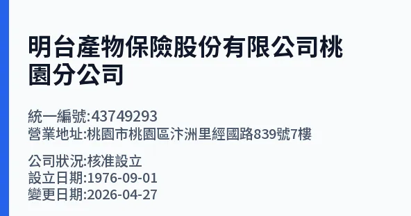 明台產物保險股份有限公司桃園分公司的照片-統編 43749293(桃園市) 公司登記資料與營業項目詳細圖表