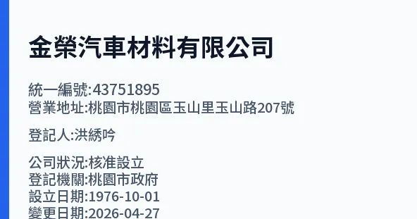 金榮汽車材料有限公司的照片-統編 43751895(桃園市) 公司登記資料與營業項目詳細圖表