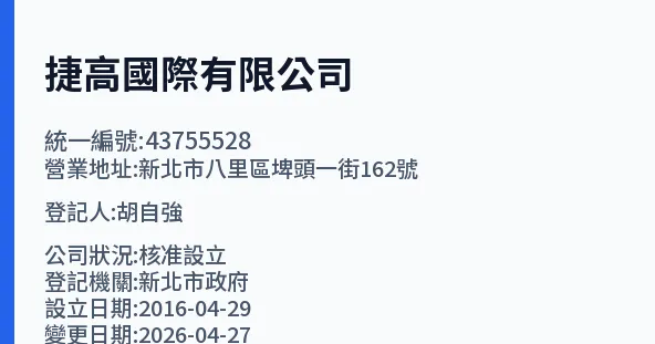 捷高國際有限公司的照片-統編 43755528(新北市) 公司登記資料與營業項目詳細圖表