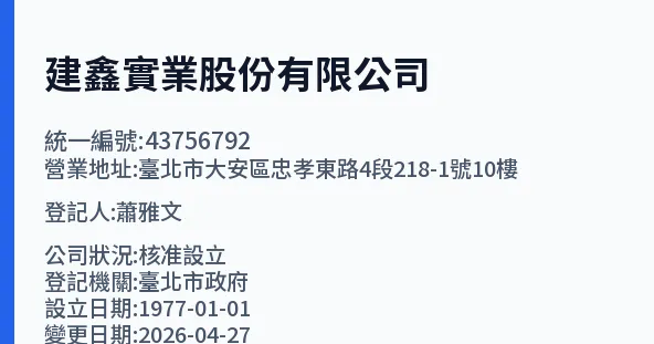 建鑫實業股份有限公司的照片-統編 43756792(臺北市) 公司登記資料與營業項目詳細圖表
