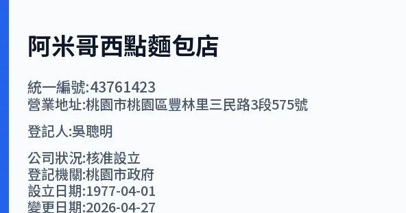 阿米哥西點麵包店的照片-統編 43761423(桃園市) 公司登記資料與營業項目詳細圖表