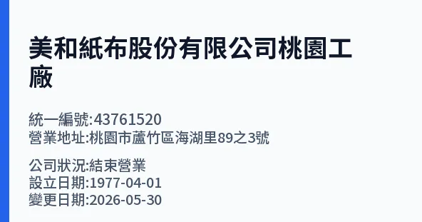 美和紙布股份有限公司桃園工廠的照片-統編 43761520(桃園市) 公司登記資料與營業項目詳細圖表
