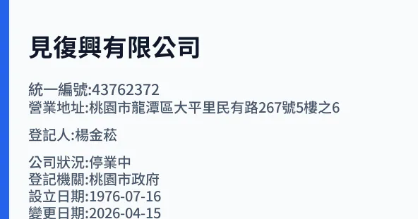 見復興有限公司的照片-統編 43762372(桃園市) 公司登記資料與營業項目詳細圖表