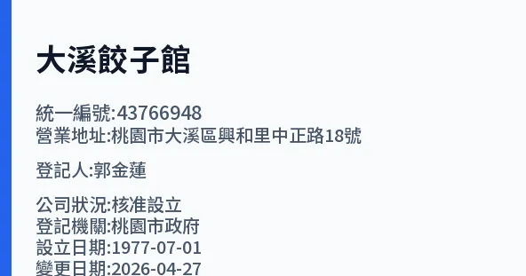 大溪餃子館的照片-統編 43766948(桃園市) 公司登記資料與營業項目詳細圖表