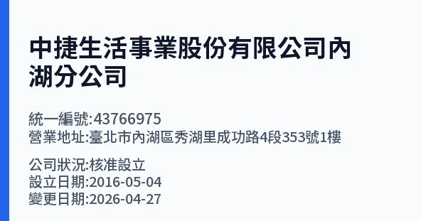 中捷生活事業股份有限公司內湖分公司的照片-統編 43766975(臺北市) 公司登記資料與營業項目詳細圖表