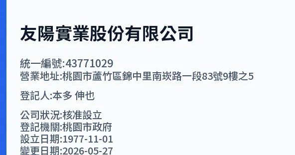 友陽實業股份有限公司的照片-統編 43771029(桃園市) 公司登記資料與營業項目詳細圖表