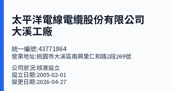 太平洋電線電纜股份有限公司大溪工廠的照片-統編 43771864(桃園市) 公司登記資料與營業項目詳細圖表