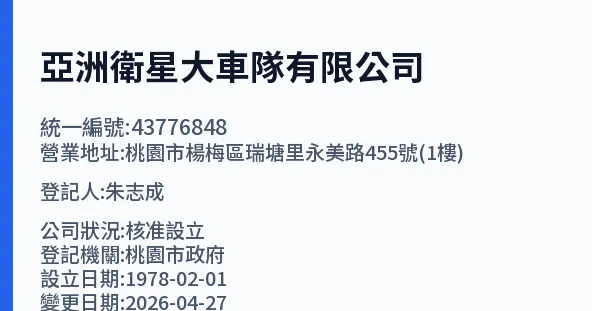 亞洲衛星大車隊有限公司的照片-統編 43776848(桃園市) 公司登記資料與營業項目詳細圖表