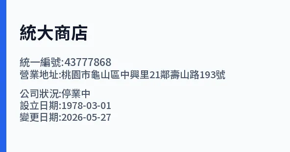 統大商店的照片-統編 43777868(桃園市) 公司登記資料與營業項目詳細圖表