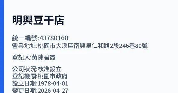 明興豆干店的照片-統編 43780168(桃園市) 公司登記資料與營業項目詳細圖表