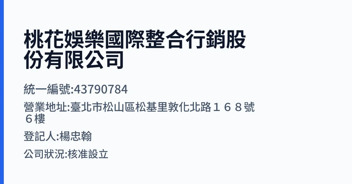 桃花娛樂國際整合行銷股份有限公司 - 統編 43790784(臺北市) 公司登記資料與營業項目詳細圖表