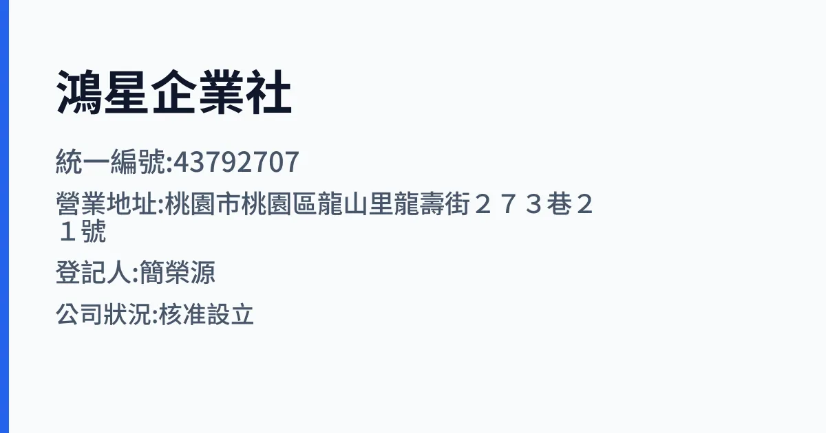 鴻星企業社 - 統編 43792707(桃園市) 公司登記資料與營業項目詳細圖表