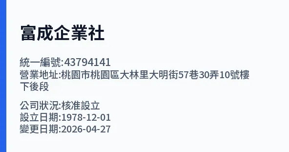 富成企業社的照片-統編 43794141(桃園市) 公司登記資料與營業項目詳細圖表