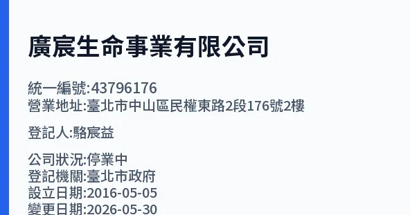 廣宸生命事業有限公司的照片-統編 43796176(臺北市) 公司登記資料與營業項目詳細圖表