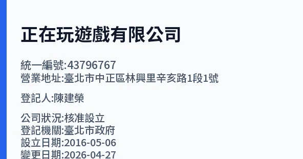 正在玩遊戲有限公司的照片-統編 43796767(臺北市) 公司登記資料與營業項目詳細圖表