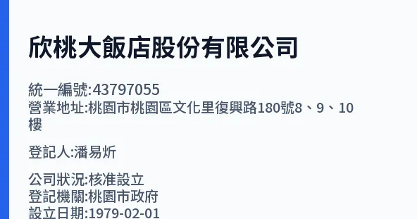 欣桃大飯店股份有限公司的照片-統編 43797055(桃園市) 公司登記資料與營業項目詳細圖表