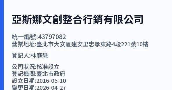 亞斯娜文創整合行銷有限公司的照片-統編 43797082(臺北市) 公司登記資料與營業項目詳細圖表