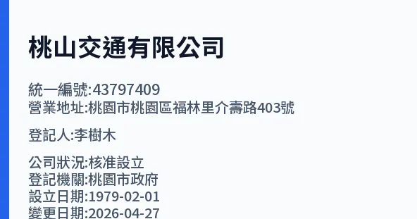 桃山交通有限公司的照片-統編 43797409(桃園市) 公司登記資料與營業項目詳細圖表