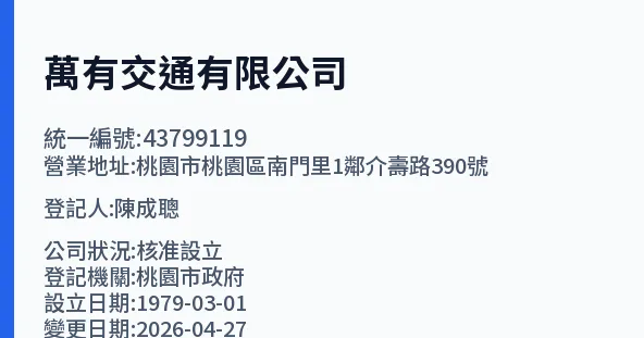 萬有交通有限公司的照片-統編 43799119(桃園市) 公司登記資料與營業項目詳細圖表