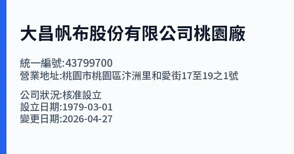 大昌帆布股份有限公司桃園廠的照片-統編 43799700(桃園市) 公司登記資料與營業項目詳細圖表
