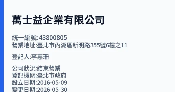 萬士益企業有限公司的照片-統編 43800805(臺北市) 公司登記資料與營業項目詳細圖表