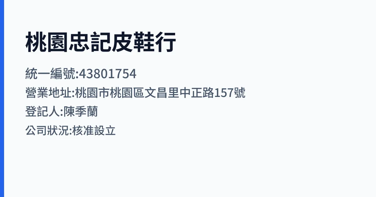 桃園忠記皮鞋行 - 統編 43801754(桃園市) 公司登記資料與營業項目詳細圖表