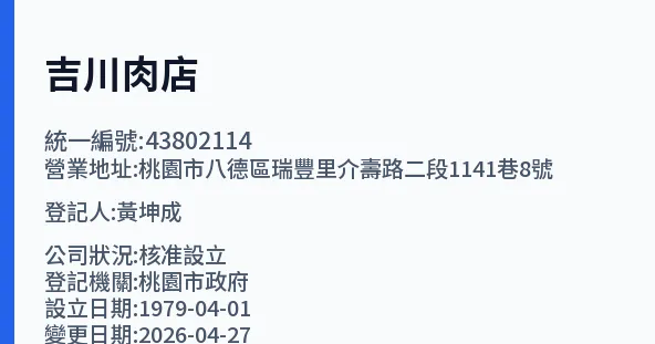 吉川肉店的照片-統編 43802114(桃園市) 公司登記資料與營業項目詳細圖表