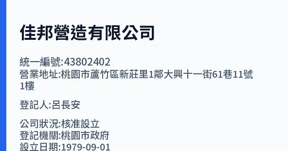 佳邦營造有限公司的照片-統編 43802402(桃園市) 公司登記資料與營業項目詳細圖表