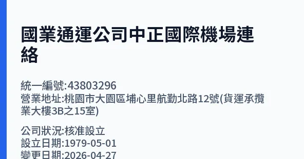 國業通運公司中正國際機場連絡的照片-統編 43803296(桃園市) 公司登記資料與營業項目詳細圖表