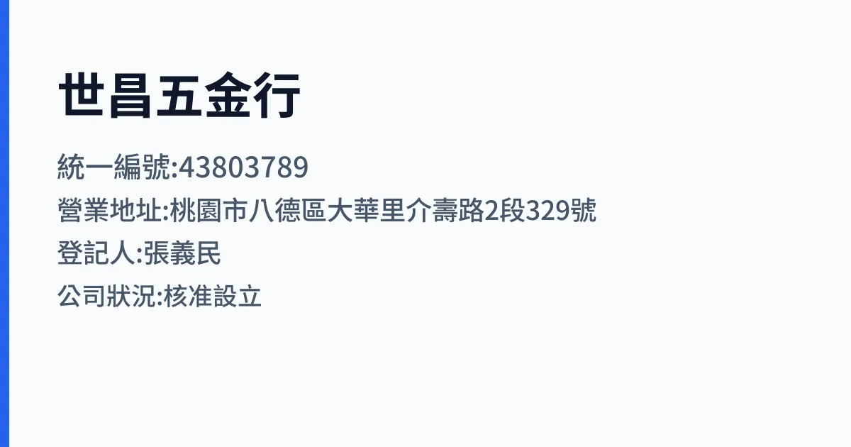 世昌五金行 - 統編 43803789(桃園市) 公司登記資料與營業項目詳細圖表