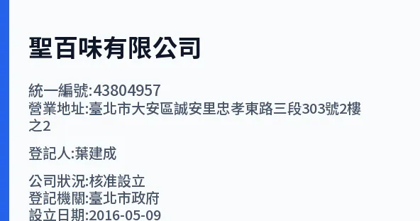 聖百味有限公司的照片-統編 43804957(臺北市) 公司登記資料與營業項目詳細圖表