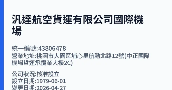 汎達航空貨運有限公司國際機場的照片-統編 43806478(桃園市) 公司登記資料與營業項目詳細圖表