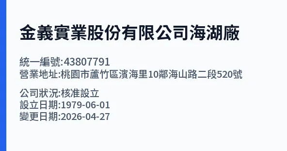 金義實業股份有限公司海湖廠的照片-統編 43807791(桃園市) 公司登記資料與營業項目詳細圖表
