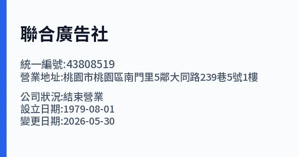 聯合廣告社的照片-統編 43808519(桃園市) 公司登記資料與營業項目詳細圖表