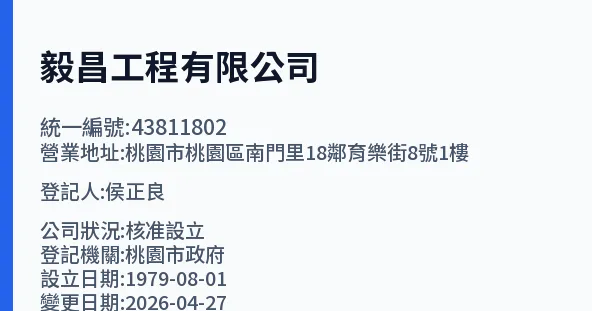 毅昌工程有限公司的照片-統編 43811802(桃園市) 公司登記資料與營業項目詳細圖表