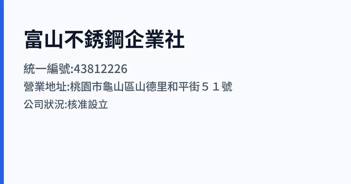富山不銹鋼企業社 - 統編 43812226(桃園市) 公司登記資料與營業項目詳細圖表