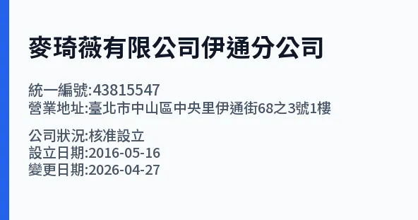 麥琦薇有限公司伊通分公司的照片-統編 43815547(臺北市) 公司登記資料與營業項目詳細圖表