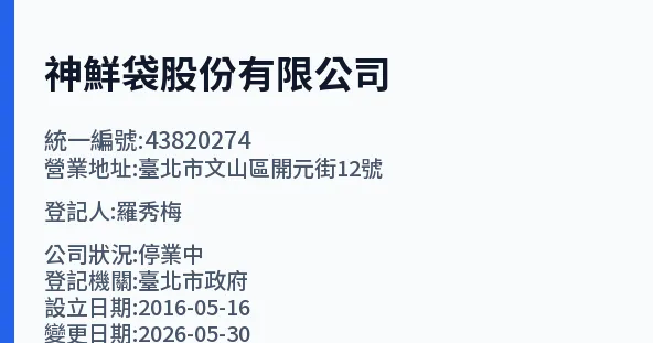 神鮮袋股份有限公司的照片-統編 43820274(臺北市) 公司登記資料與營業項目詳細圖表