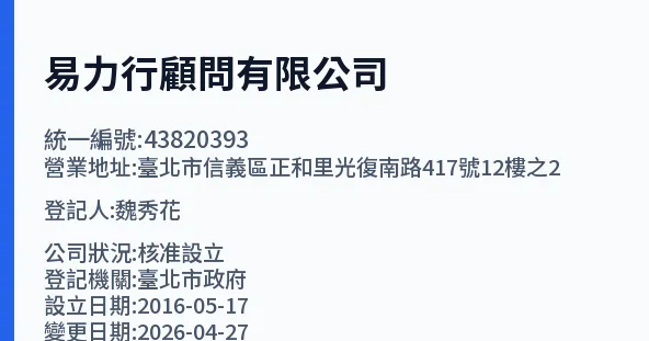 易力行顧問有限公司的照片-統編 43820393(臺北市) 公司登記資料與營業項目詳細圖表