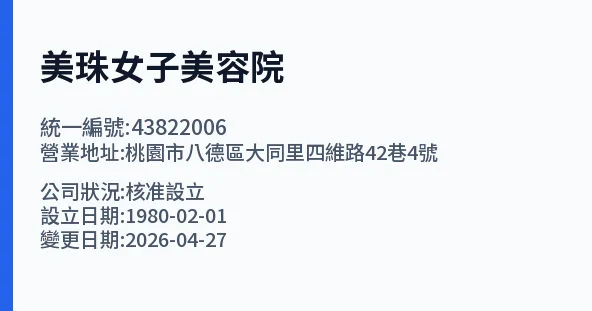 美珠女子美容院的照片-統編 43822006(桃園市) 公司登記資料與營業項目詳細圖表