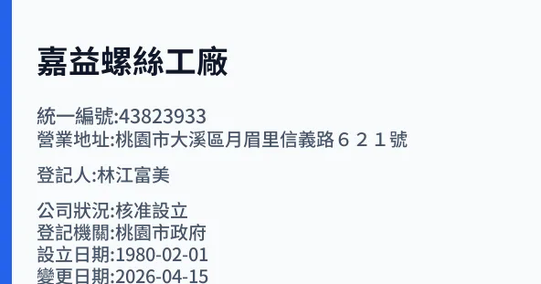 嘉益螺絲工廠的照片-統編 43823933(桃園市) 公司登記資料與營業項目詳細圖表