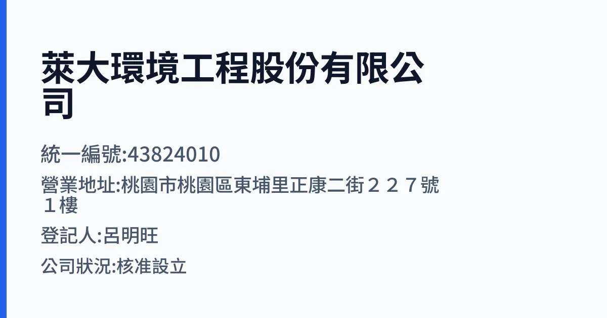 萊大環境工程股份有限公司 - 統編 43824010(桃園市) 公司登記資料與營業項目詳細圖表