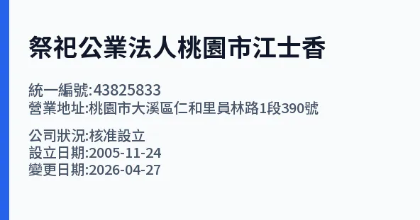 祭祀公業法人桃園市江士香的照片-統編 43825833(桃園市) 公司登記資料與營業項目詳細圖表