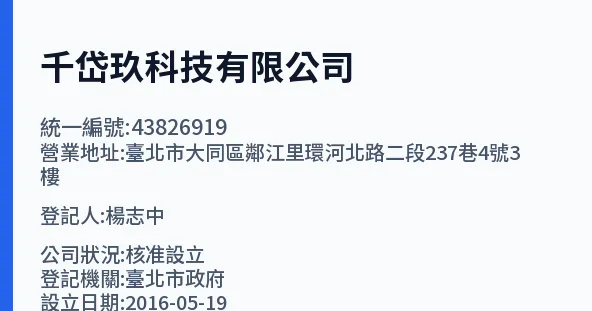 千岱玖科技有限公司的照片-統編 43826919(臺北市) 公司登記資料與營業項目詳細圖表