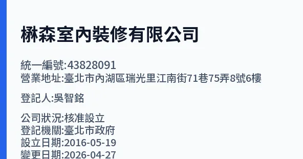 楙森室內裝修有限公司的照片-統編 43828091(臺北市) 公司登記資料與營業項目詳細圖表