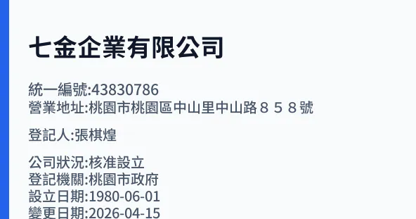 七金企業有限公司的照片-統編 43830786(桃園市) 公司登記資料與營業項目詳細圖表