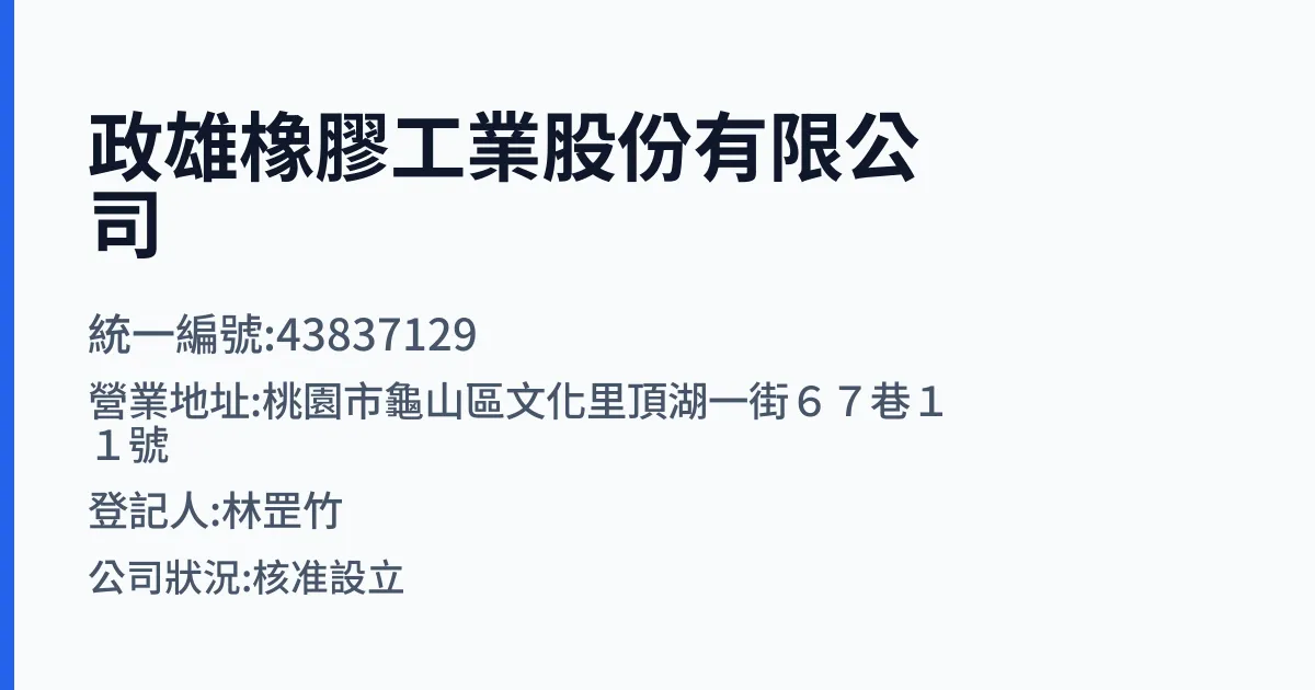 政雄橡膠工業股份有限公司 - 統編 43837129(桃園市) 公司登記資料與營業項目詳細圖表