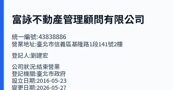 富詠不動產管理顧問有限公司的照片-統編 43838886(臺北市) 公司登記資料與營業項目詳細圖表